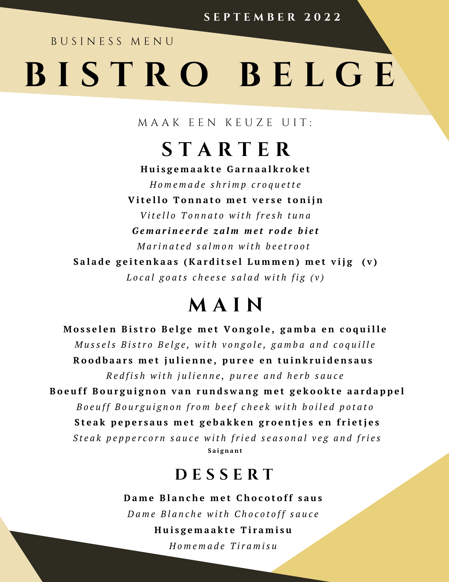 Business menu Bistro Belge 92022 - Bistro Belge